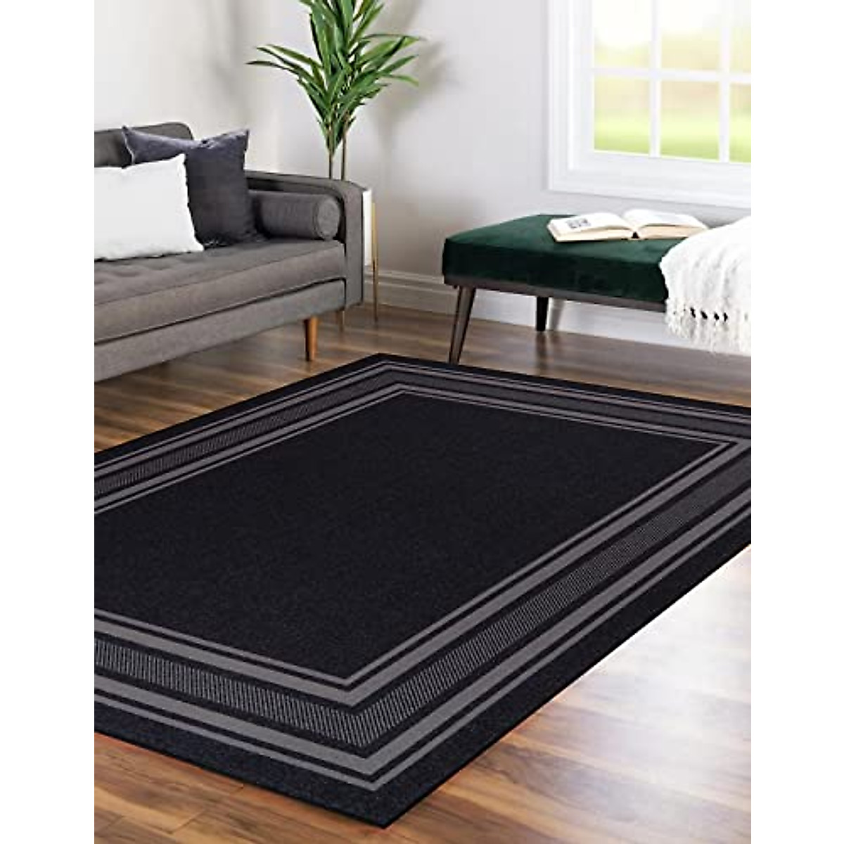 Beverly Rug Modern Bordered 8X10 Area Rug for Living Room, Dining Room Rug, Bedroom Carpet, Indoor Non Skid Rubber Backed Area Rugs, Black