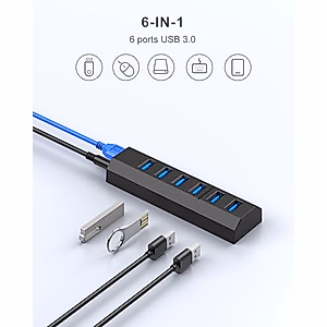USB Hub, Aiibe 6 Ports Super High Speed USB 3.0 Hub Splitter + 10W Power Adapter + USB 3.0 Cable, Black Smart Fast Charger Powered USB Hub for Laptop, Mac, PC, Mobile HDD, Mulitple Devices