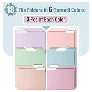 Mr. Pen File Folders, 18 Pack, Morandi Colors, 1/3-Cut Tab, Letter Size, Durable Paper Folders, Office Supplies