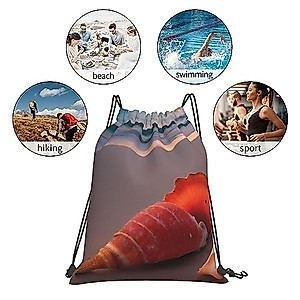 Shell Beach Sunset Drawstring Backpack For Men And Women'S Sports And Fitness Bag, Large Size, Zippered Pocket, Lightweight, Foldable And Portable For Travel