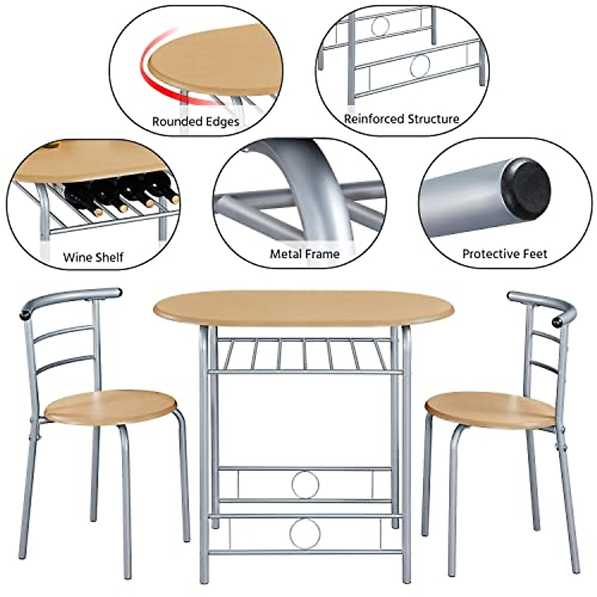 Yaheetech 3 Piece Round Dining Table Set Kitchen Breakfast Table Set for 2 Dining Table with 2 Chairs Space Saving Table Set w/Metal Frame, Wine Rack for Small Space/Dining Room/Apartment, Natural