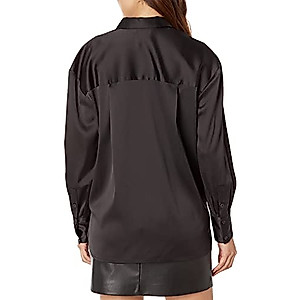 The Drop Women's Black, Logan Silky Long Sleeve Basic Button Down Shirt, L