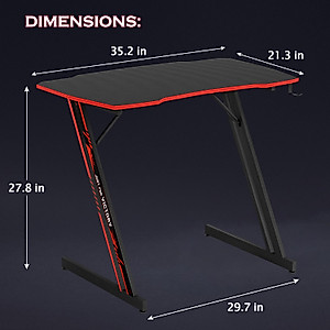 PayLessHere 35 Inch Modern Z-Shaped Gaming Desk Computer Desk for Home Office with Headphone Hook - Sturdy Workstation Table with Spacious Desktop,Red