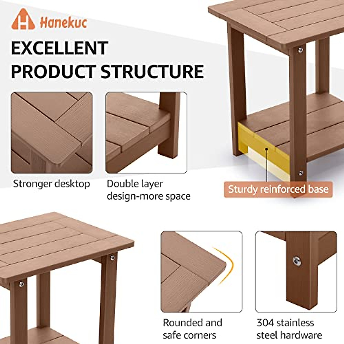 Hanekuc Double Adirondack Outdoor Side Table Weather Resistant,Patio Rectangular End Table for Outdoor Furnitures, Living Room, Bathroom (Teak)