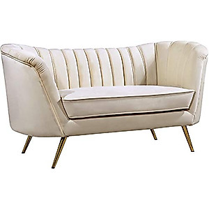 Meridian Furniture Margo Collection Modern | Contemporary Velvet Upholstered Loveseat with Deep Channel Tufting and Rich Gold Stainless Steel Legs, Cream, 65" W x 30" D x 33" H