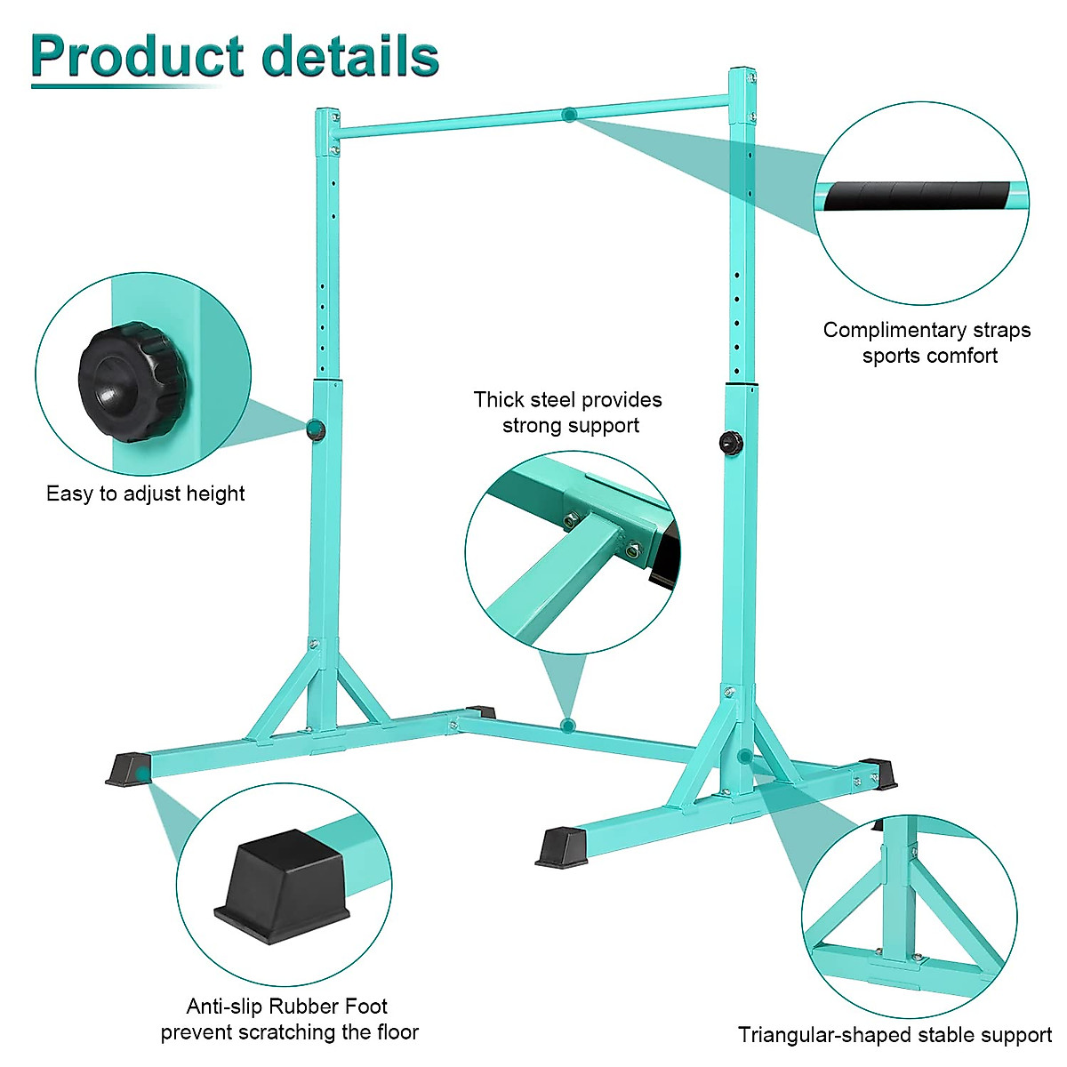 Bongkim Gymnastics Bar for Kids,Adjustable Height Gymnastic Horizontal Bars,Folding Gymnastics Equipment Junior Training Bar for Home Using,Stable Kids Training bar for Children (Teal)