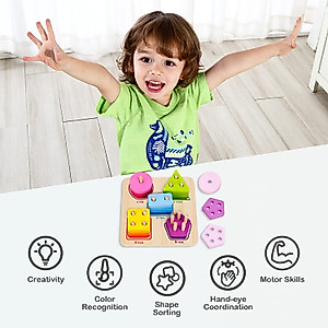 TOOKYLAND Wooden Geometric Shape Sorter - 21pcs Shape and Color Recognition Toy, Ages 2+