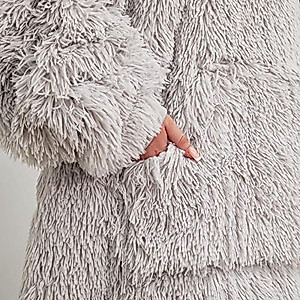 Sienna Fluffy Long Fibre Fleece Sherpa Lined Super Soft Hoodie Blanket Adults Oversized Giant Christmas Jumper Gift Throw - Silver
