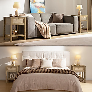 SICOTAS Nightstand Set of 2 - Rattan Decor Drawer with Brass Knobs Night Stand Bedside Table Boho End Tables Side Tables with Storage Shelf for Bedroom, Small Space