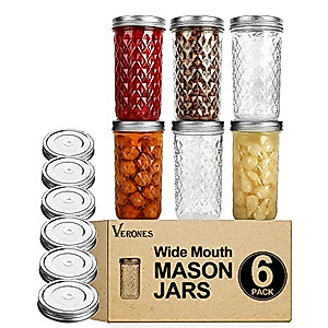 VERONES Wide Mouth Mason Jars 22 oz, 22 OZ Mason Jars Canning Jars Jelly Jars With Wide Mouth Lids, Ideal for Jam, Honey, Wedding Favors, Shower Favors, 6 PACK,EXTRA 6 Lids with Straw Hole