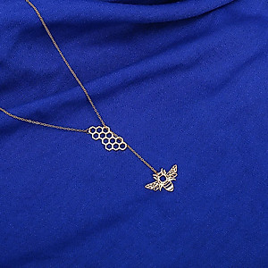 Winssigma 18K Gold Stainless Steel Bee Honeycomb Necklace, Star Moon Necklace Dinosaur spider Adjustable Y Lariat for Women(Gold Bee)