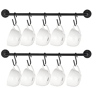 Mkono Mug Holder Wall Mounted Coffee Cup Rack Hanger Modern Metal Wall Rack with 10 Mug Hooks Rustic Utensil Tea Cups Storage Organizer for Kitchen Dining Room Coffee Bar, Set of 2, Black