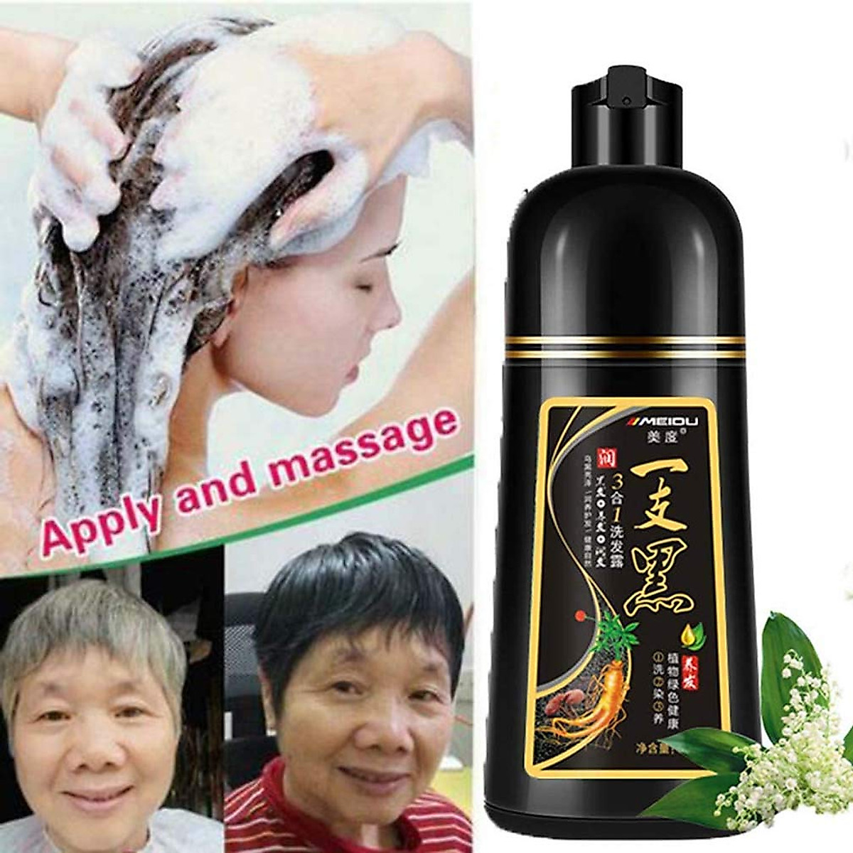 Instant Hair Colouring Shampoo, 3 in 1 Black Hair Shampoo, Instant Black Hair Dye Shampoo Darkening Shampoo Hair Growth Shampoo for Men Women, Regain Colour & Youth for Your Hair