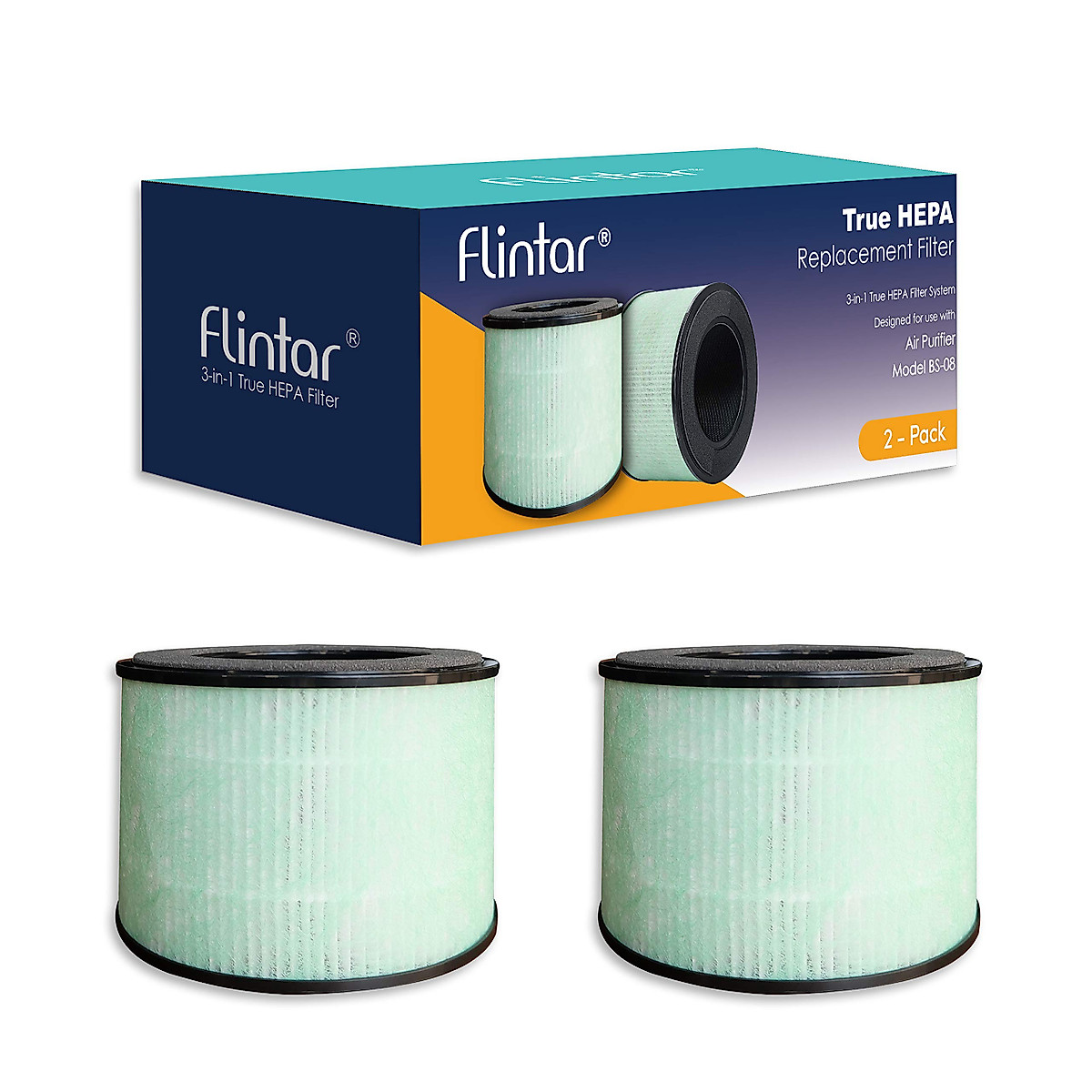 Flintar BS-08 H13 Upgraded True HEPA Replacement Filter, Compatible with PARTU BS-08 HEPA Air Purifier, Better Filtration and Odor Reduction, 2-Pack