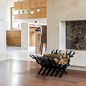 Rustic Fireplace Log and Wood Holder - Indoor, Outdoor, Patio - Gunmetal Grey Decorative Holders - Weather- Resistant Storage Rack For Firewood and Kindling - Artistic Tree Design…