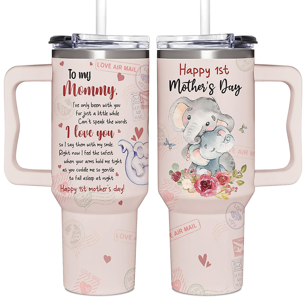 TAMUNBEE First Mothers Day Gifts For New Mom, Daughter From Baby, Sister, Son - 1st Mothers Day Gifts From Husband - First Time Mother Presents - Elephant 40oz Tumbler With Handle for Woman