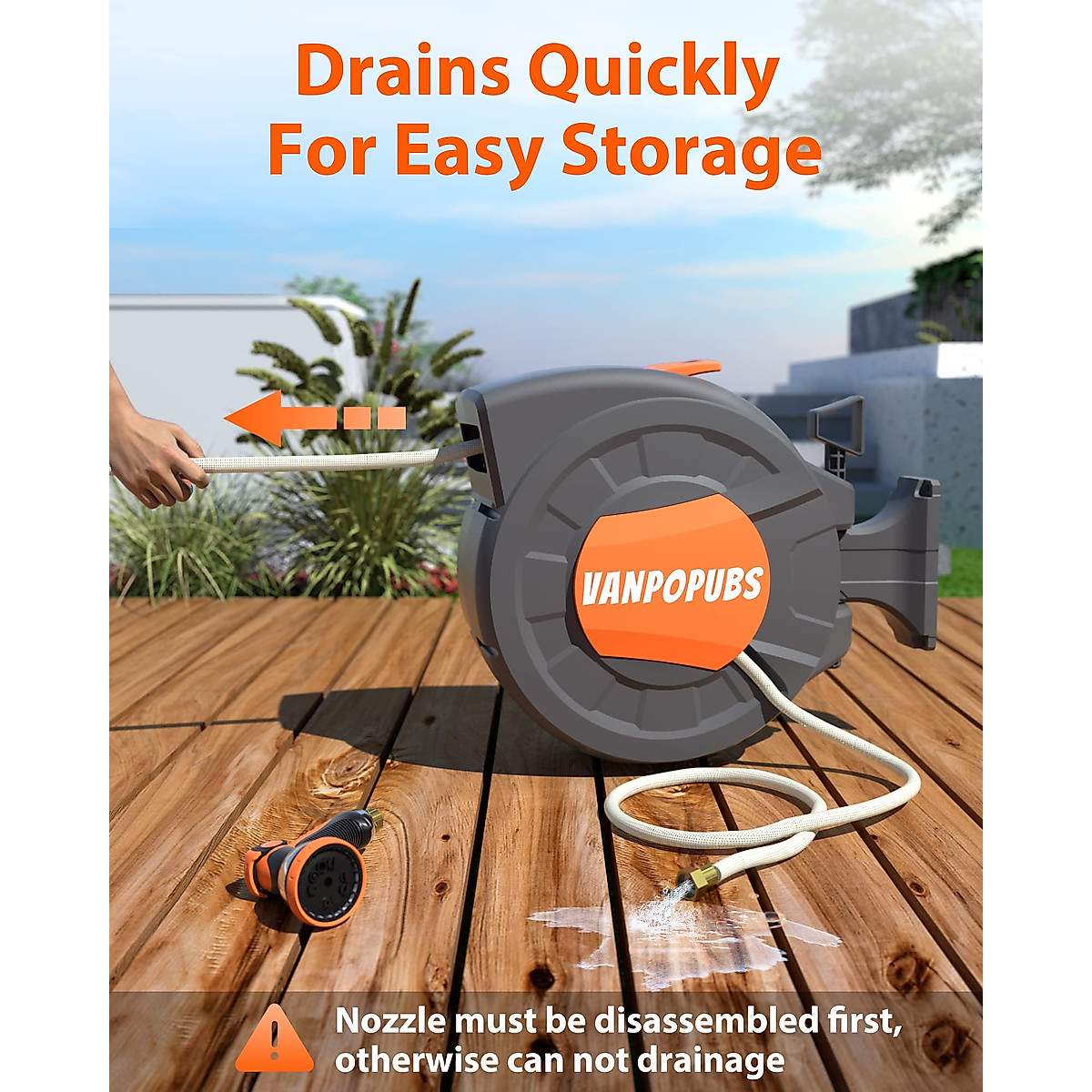 Vanpopubs Retractable Garden Hose Reel,1/2 in x 100 ft Hose Reel Auto Rewind, Any Length Lock/Wall Mounted/180°Swivel Bracket,with 10 Function Sprayer Nozzle