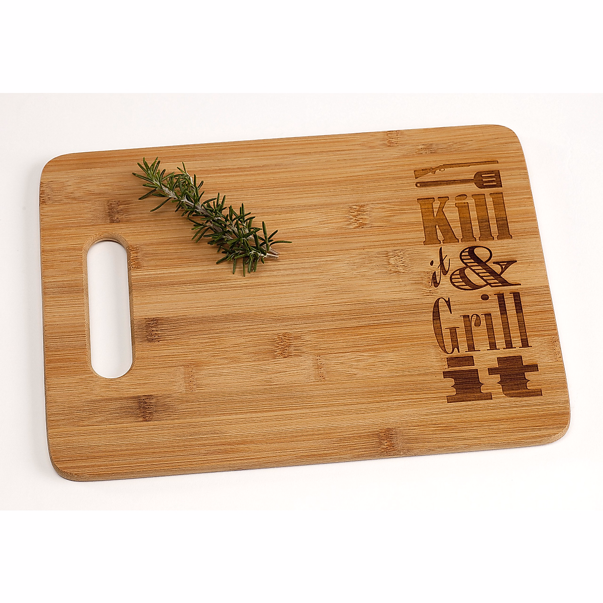 Kill It & Grill It Hunting Engraved Bamboo Wood Cutting Board with Handle Funny Gift for Him