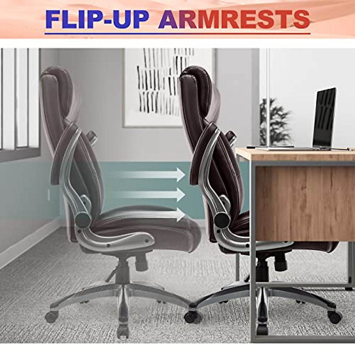 ICOMOCH High Back Office Chair with Flip-up Arms - Executive Computer Desk Chair with Adjustable Height Thick Padded Seat and Back Support Swivel Bonded Leather Task Chair for Home Office Work, Brown