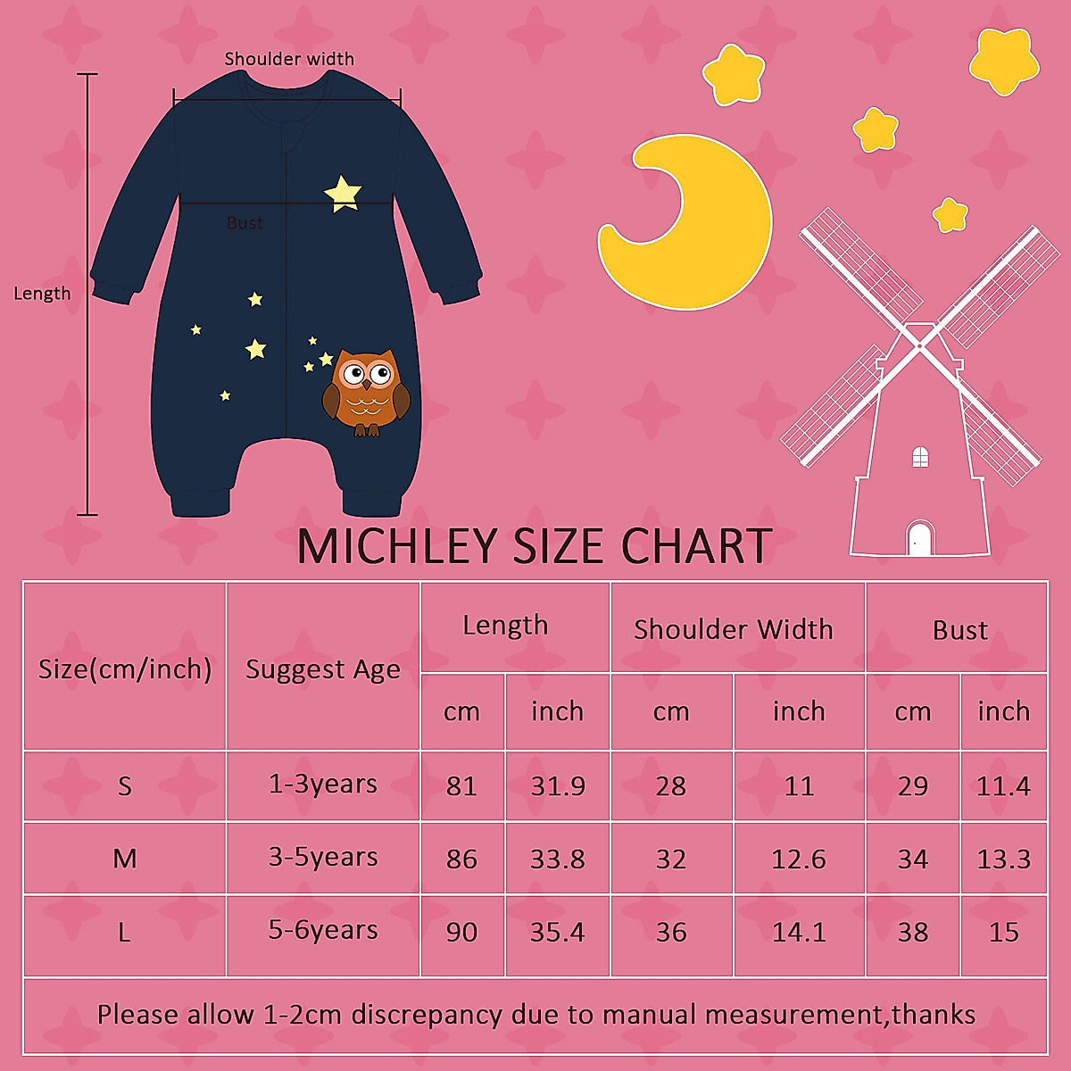 MICHLEY Baby Sleeping Bag Sack Long Sleeve with Feet Winter Swaddle Wearable Blanket for Boys Girls,Owl,1-3Years