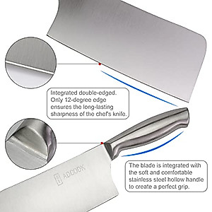 ADCODK Cleaver Knife-Chinese Chef Sharp Knife Butcher Vegetable Meat Cutting Slicing Asian Kitchen Knife Stainless Steel Hollow Handle