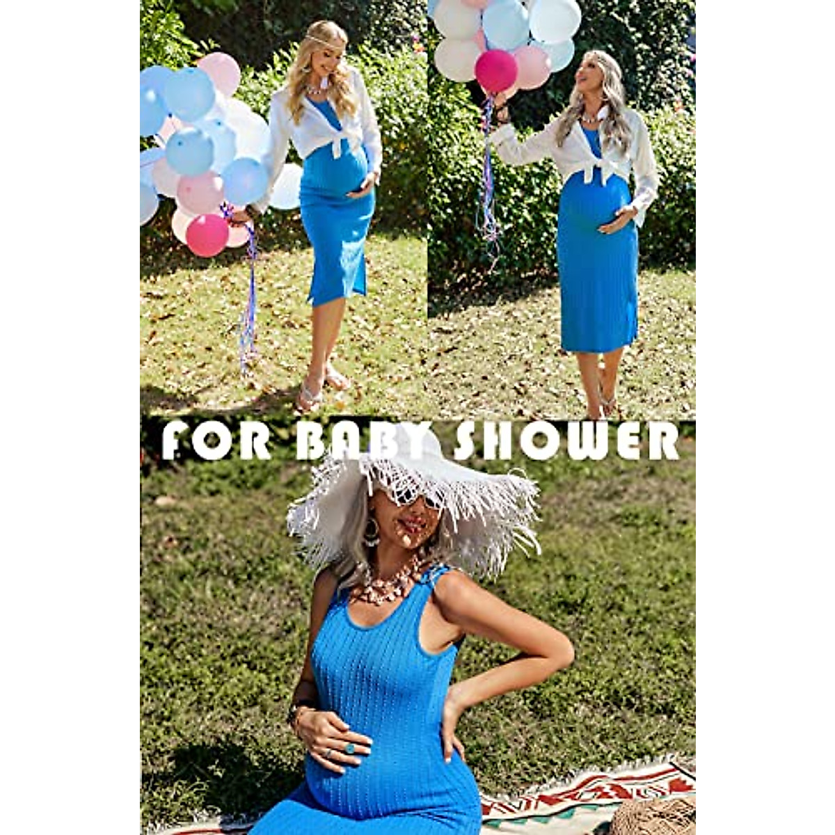 Ekouaer Lady Knit Ribbed Maternity Tank Dress Side Slit Bodycon Nightgowns for Baby Shower (Snorkel Blue, L)