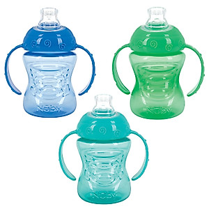 Nuby 3 Pack Two Handle No Spill Toddler Sippy Cups - Toddler Cups Spill Proof with Easy and Firm Grip - BPA Free Toddlers Cups - Aqua, Blue, Green