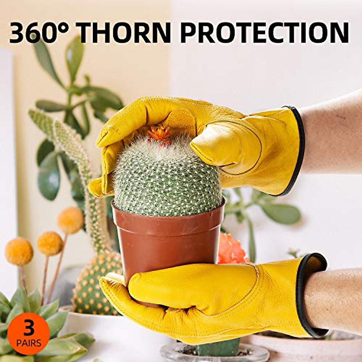 Vgo 3-Pairs Unlined Cow Grain Leather Work and Driver Gloves with Cow Split Leather Palm Patch (Size L, Gold,CA9590)