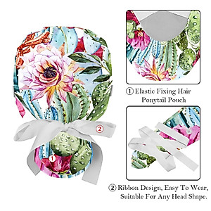 LIFH Ink Paint Cactus Red Rose Flowers Scrub Caps Women, 2 Packs Working Cap with Ponytail Holder, Adjustable Elastic Bandage Tie Back Hats, Medium-3X-Large
