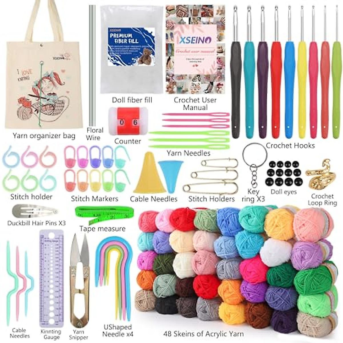 XSEINO Crochet Kit with Crochet Hooks Yarn Set - Premium Bundle includes 40 Colors Crochet Yarn Balls, Crochet Kit, Accessories Kit, Crochet Bag and Lot More - Starter Pack for Kids Adults