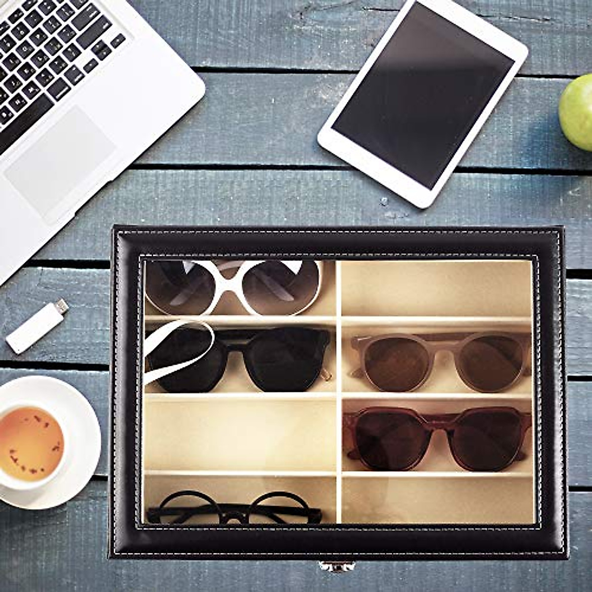 Siveit 8 Slot Sunglass Organizer Leather Eyeglasses Collector Eyewear Display Case Storage Box, Black