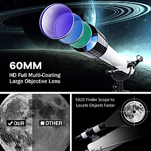 Telescopes for Adults Astronomy, 60mm Aperture 900mm Refractor Telescope for Astronomy Beginners Adults, with Tripod, Wire Shutter, Phone Adapter