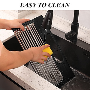 BRAQ Roll Up Dish Drying Rack 17.32" x 14.56" Portable Stainless Steel Sink Rack with 1 Storage Baskets Over The Sink Dish Drying Rack for Kitchen Dishes Cups