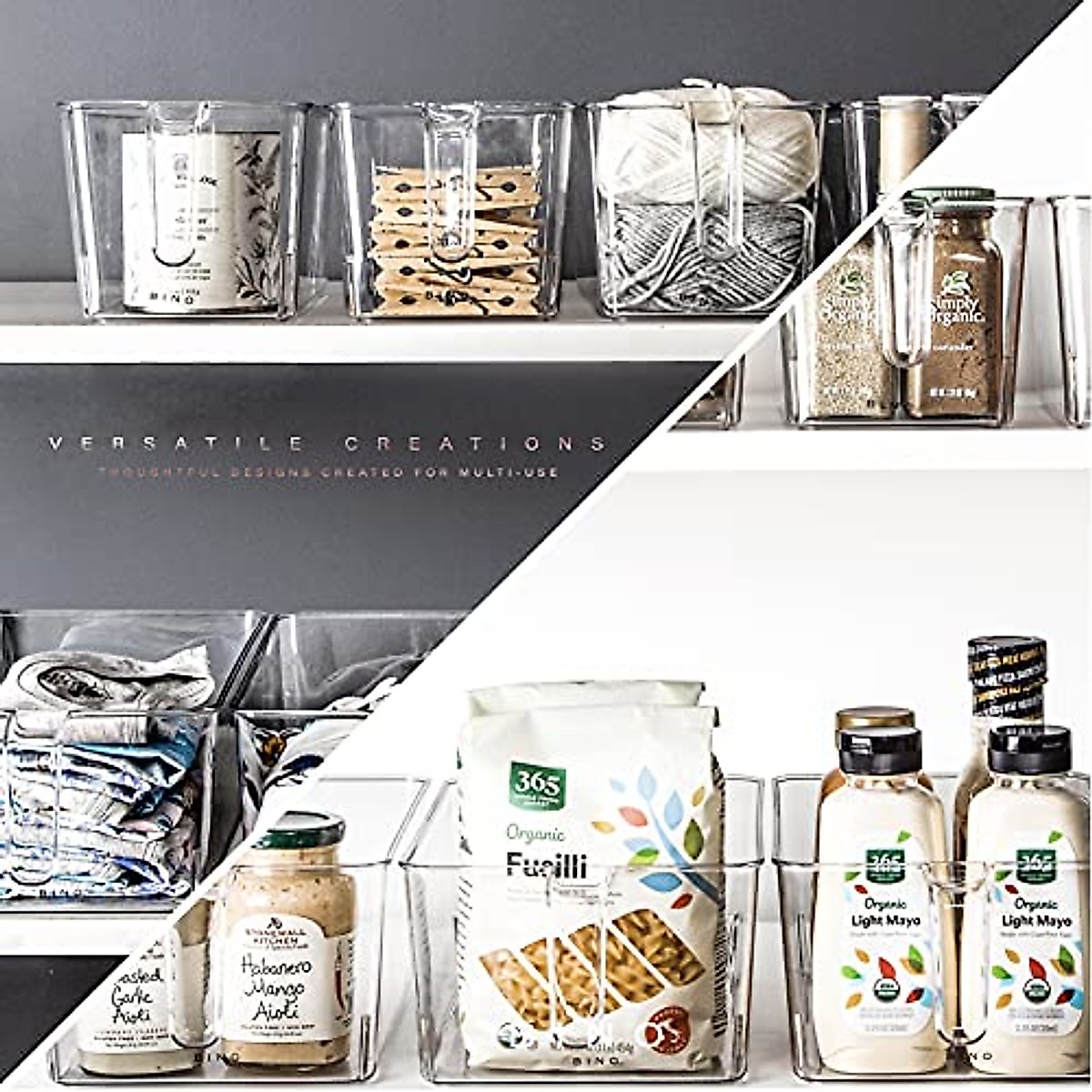 BINO l Plastic Storage Bins l THE HOLDER COLLECTION l 4-Pack, Large Multi-Use Clear Containers for Organizing with Built-in Handles l Pantry Organization & Storage l Kitchen Organizer l Storage Bins