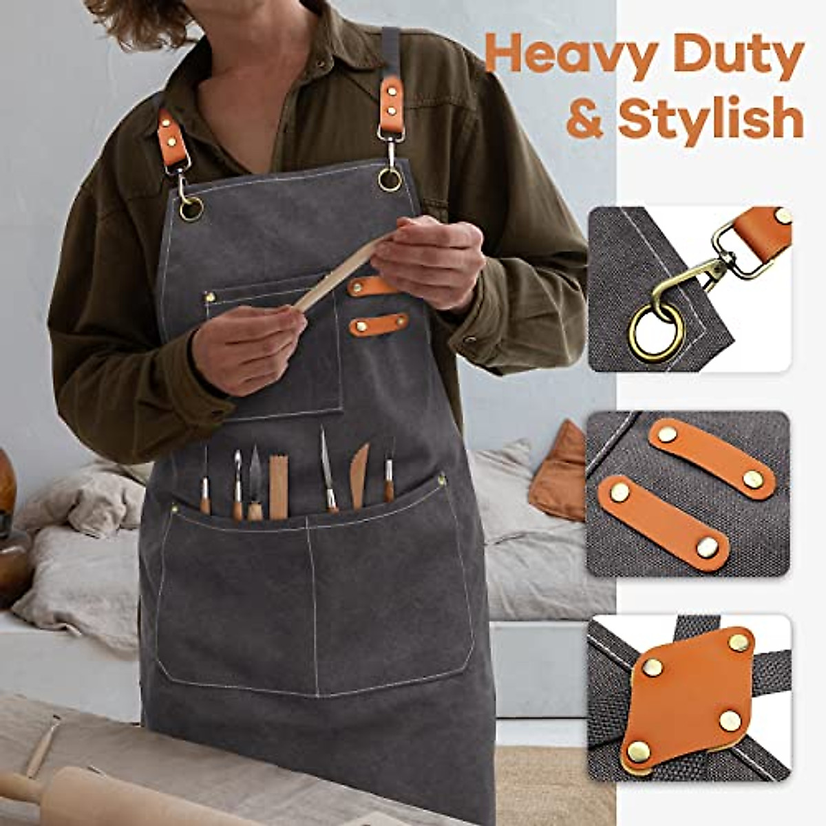 NLUS Chef Apron for Men, Heavy Duty Cotton Canvas Apron Cross Back Apron with Adjustable Straps and Large Pockets