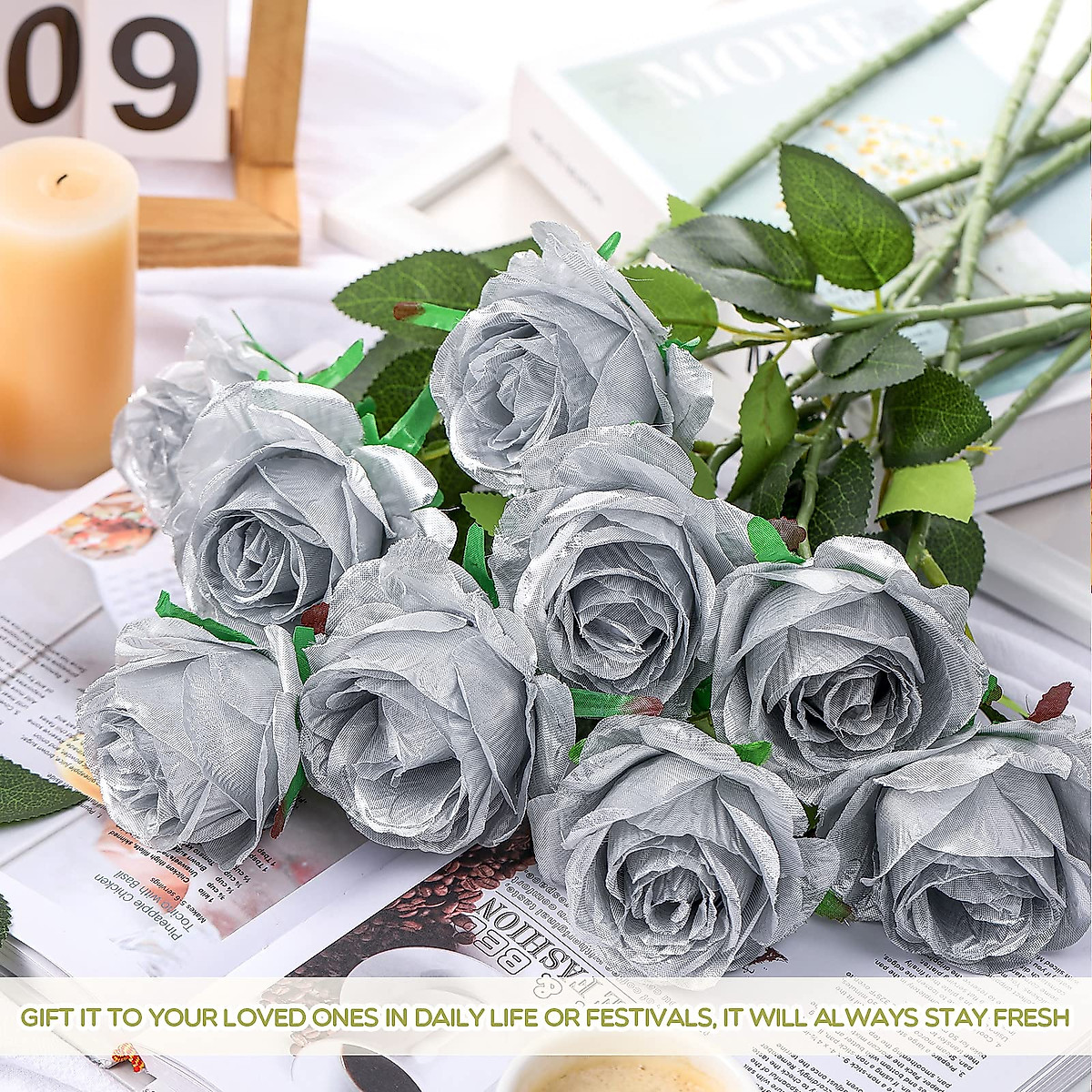50 Pcs Artificial Rose Flower Realistic Silk Roses with Stem Bouquet of Flowers Plastic Flowers Real Looking Fake Roses for Home Wedding Centerpieces Party Decorations (Silver)
