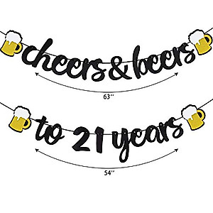 21th Birthday Decorations,Cheers & Beers to 21 Years Banner Black Glitter Banner for 21th birthday Backdrop Wedding Aniversary Party Supplies Decorations - PRESTRUNG