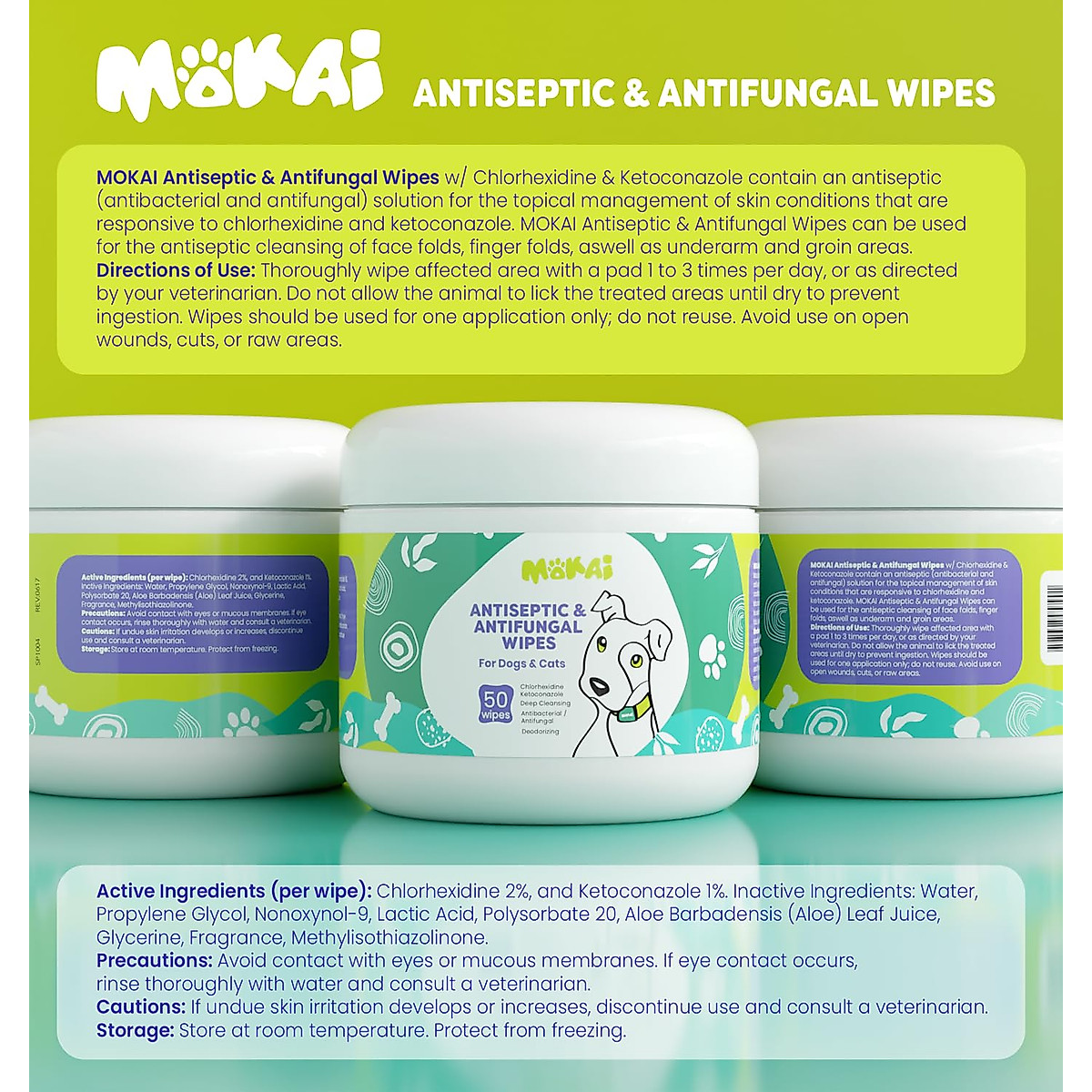 MOKAI Antiseptic Wipes for Dogs Cats and Horses | Dog Chlorhexidine Wipes with Ketoconazole Dermatological Pads Hot Spots Itchy Paws Skin Rashes