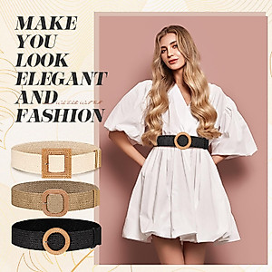 Syhood 3 Pieces Straw Woven Elastic Waist Belt for Women Bohemian Dress Braided Belt (Black, Khaki, Beige, Fit Waist Size Below 31'')