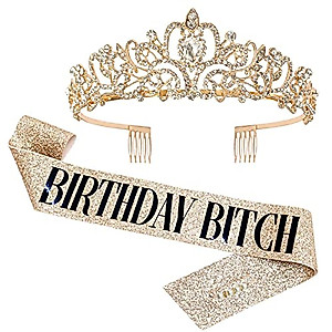 ZHBDPaty Birthday Queen Sash & Rhinestone Tiara Set Glitter Crystal Crown & Sash Kit Party Favors For Women Hairt Accessories Cake Topper (Gold)