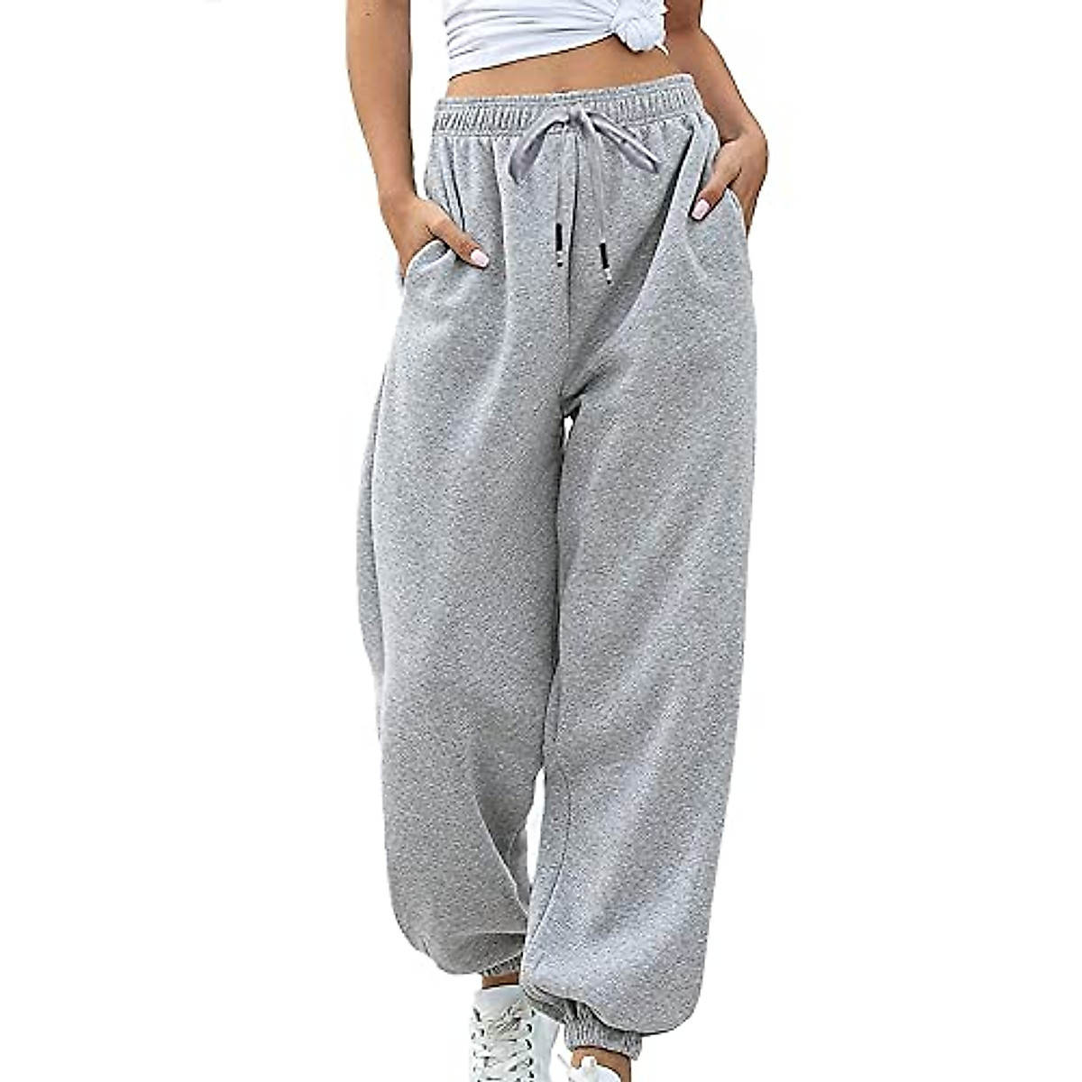 Sweatpants for Teen Girls High Waisted Baggy Cinch Bottom Sweatpants Yoga Workout Athletic Jogger Lounge Bottoms Trousers(Grey,Small)