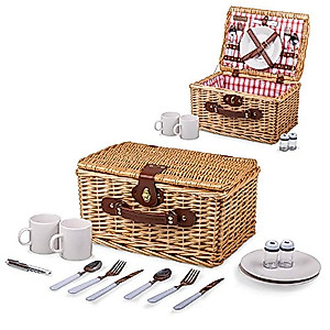PICNIC TIME Catalina Picnic Basket for 2 - Wicker Picnic Basket with Picnic Set, (Red & White Plaid Pattern)