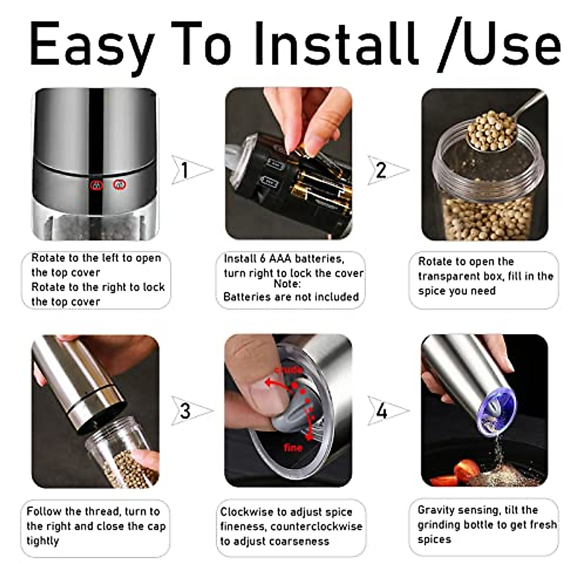 Gravity Electric Salt and Pepper Grinder, SAINSWIN Automatic Pepper Mill Grinder Battery-Operated,Silver Adjustable Coarseness Sea Salt Grinder, LED Light, Utility Brush,One Hand Operated