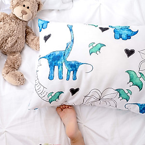 JumpOff Jo – Toddler Pillow for Kids, No Pillowcase Needed, Kids Travel Pillow, 100% Cotton Cover, Hypoallergenic, Machine Washable – 14”x19 (Dinosaur)