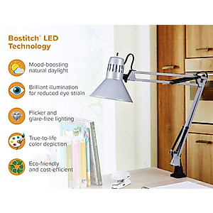 Bostitch Office VLF100-SLV Swing Arm Desk Lamp with Clamp Mount, 36" Reach with Multi-Joint Adjustment, Includes Replaceable LED Bulb (VLF), Silver