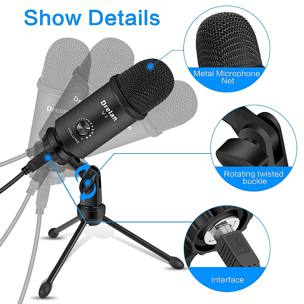Drelan USB Microphone, Condenser Desktop Computer Mic 192KHZ/24BIT Plug & Play with Professional Sound Chipset, for PC Voice Recording,Podcasting,Skype,YouTube,Games,Google Voice Search (V-1)
