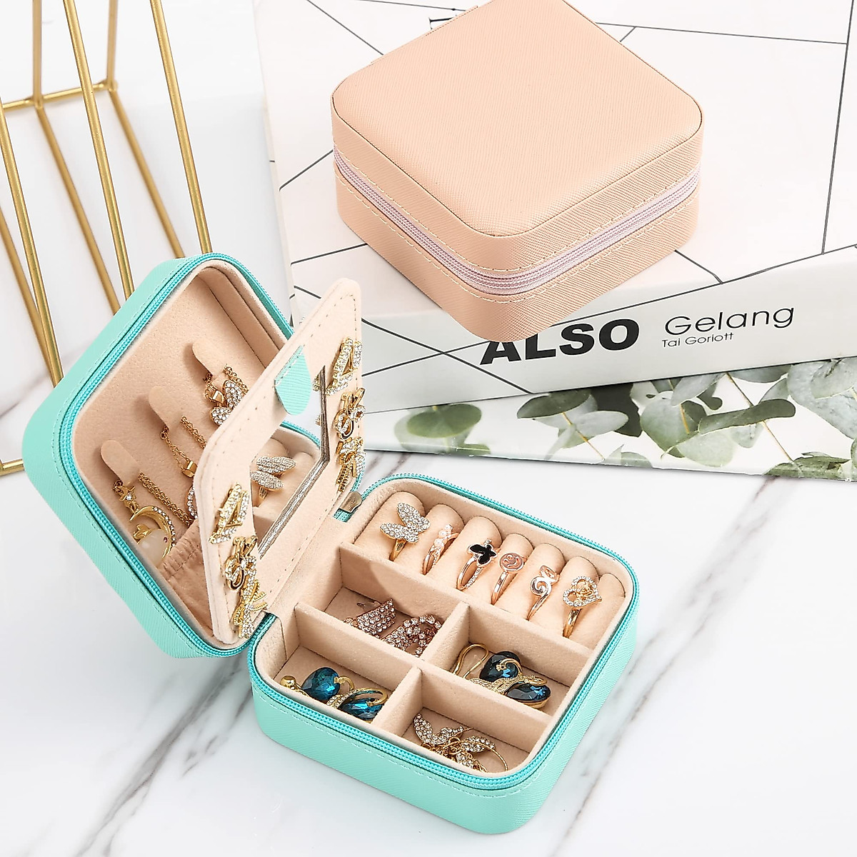 XZUZ Small Travel Jewelry Box With Mirror, Portable Jewelry organizer Display Storage Box for Earrings Rings Necklaces, Jewelry ase for female Girls (blue) 1pc