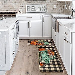 Artoid Mode Buffalo Plaid Pumpkins Truck Bow Tie Fall Kitchen Mats Set of 2, Home Decor Low-Profile Kitchen Rugs for Floor - 17x29 and 17x47 Inch