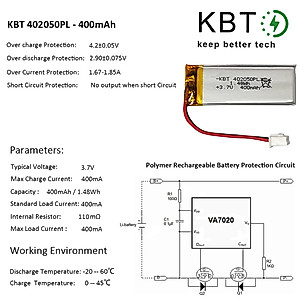 KBT 3.7V 400mAh Li-Polymer Battery: 402050 Lipo Rechargeable Lithium-ion Replacement Batteries with JST Connector