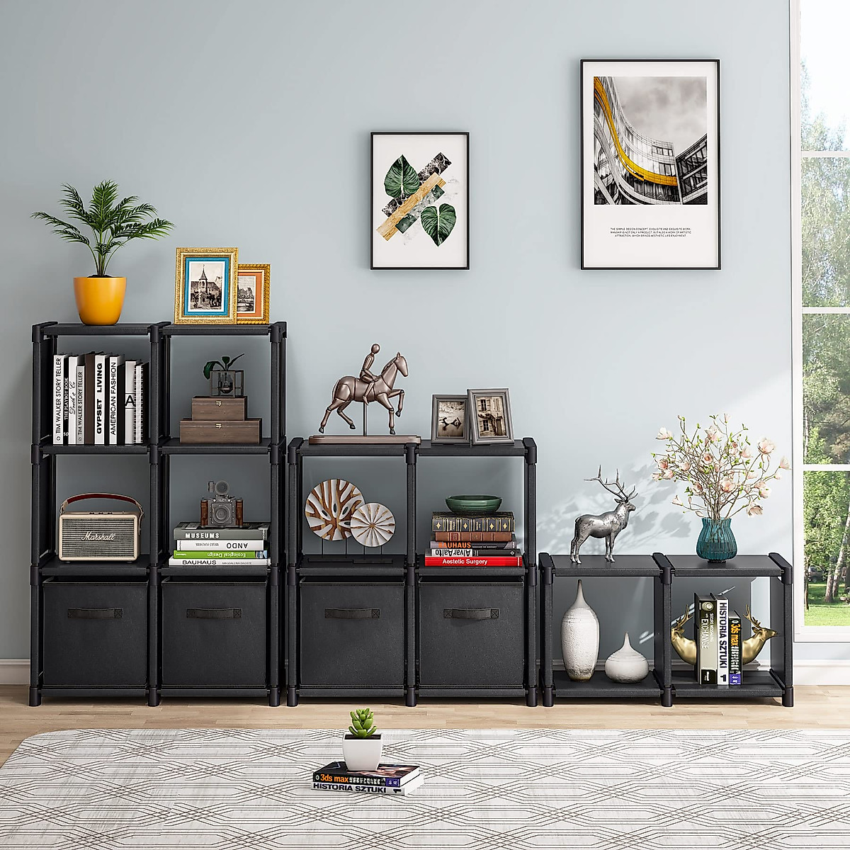 Tribesigns 12 Cubes Storage Organizer DIY Storage Shelves Stackable Open Bookshelf with 4 Cube Storage Bins with Handle Organizer 10.5" x 10.5" for Closet Rack Cabinet Bedroom Livingroom, Black